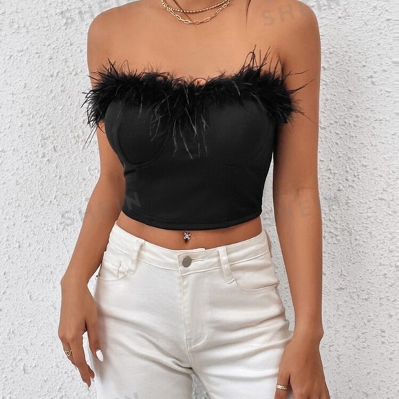 SHEIN | Tops | Fuzzy Trim Bustier Crop Tube Top | Poshmark